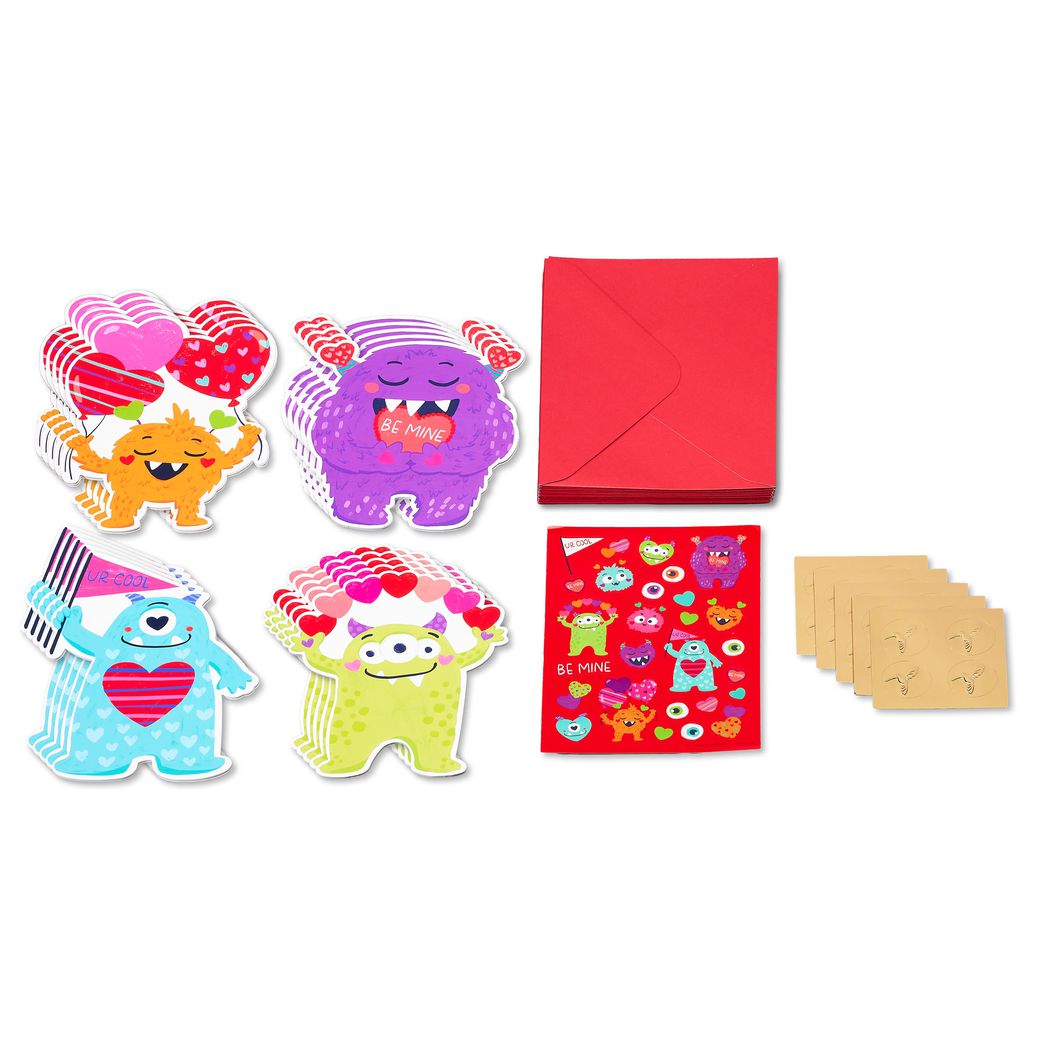 Monster Hearts Valentine's Day Cards For Kids, 20-Count, 1 Sticker ...