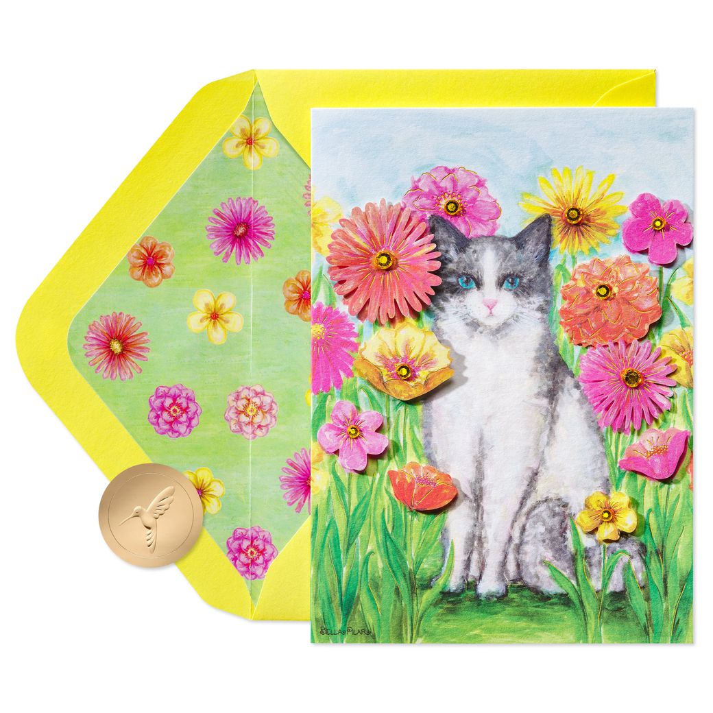Cat & Flowers Blank Cat Birthday Greeting Card - Designed By Bella ...