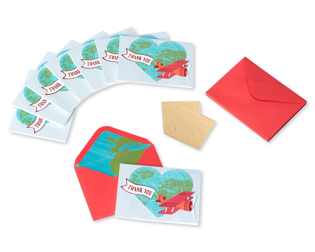 Globe With Plane Handmade Thank You Boxed Blank Note Cards With Glitter ...