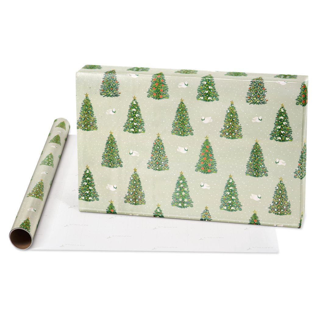 Gold Holly, Christmas Trees, White Floral Holiday Wrapping Paper Rolls ...
