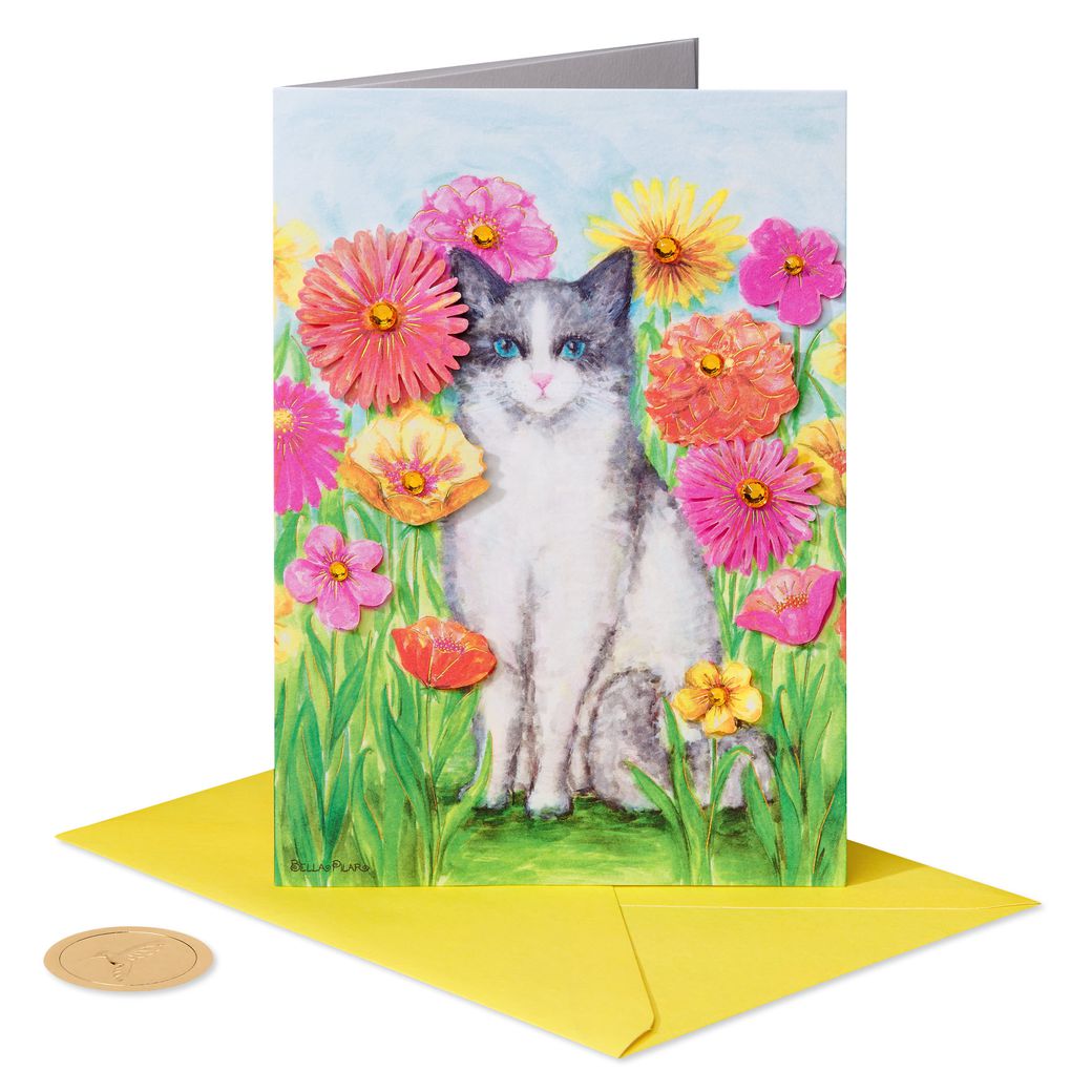 Cat & Flowers Blank Cat Birthday Greeting Card - Designed By Bella ...